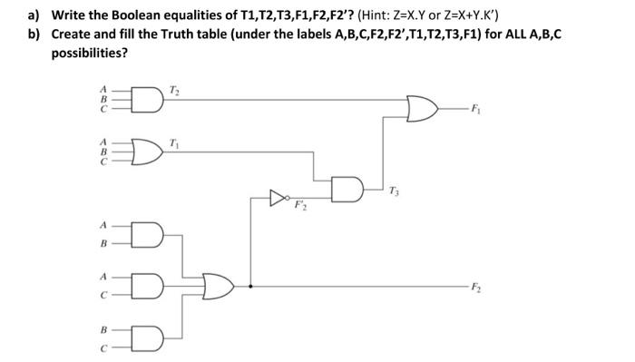 Solved a) Write the Boolean equalities of T1,T2,T3,F1, F2, | Chegg.com
