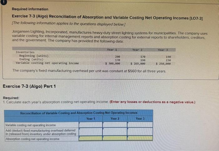 Solved Required information Exercise 7.3 (Algo) | Chegg.com