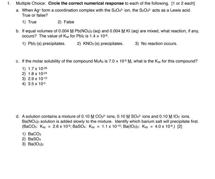 Solved 1. Multiple Choice: Circle the correct numerical | Chegg.com