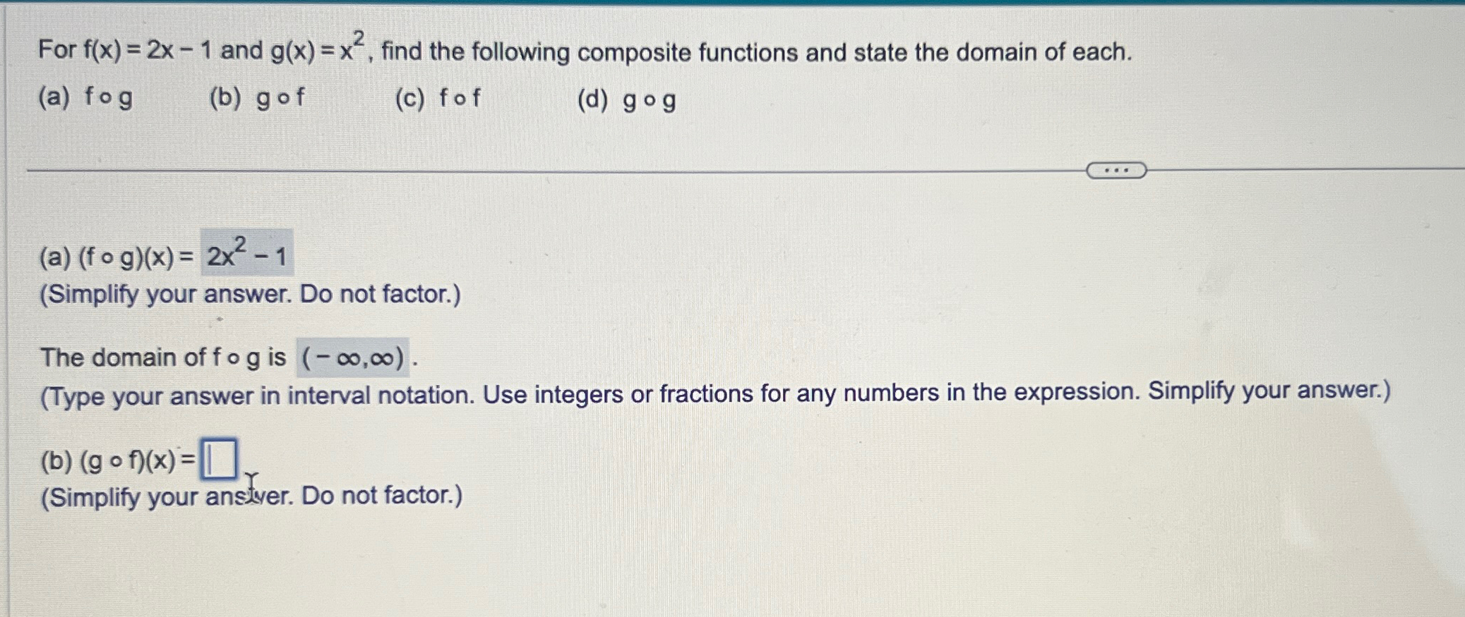 Solved For f(x)=2x-1 ﻿and g(x)=x2, ﻿find the following | Chegg.com