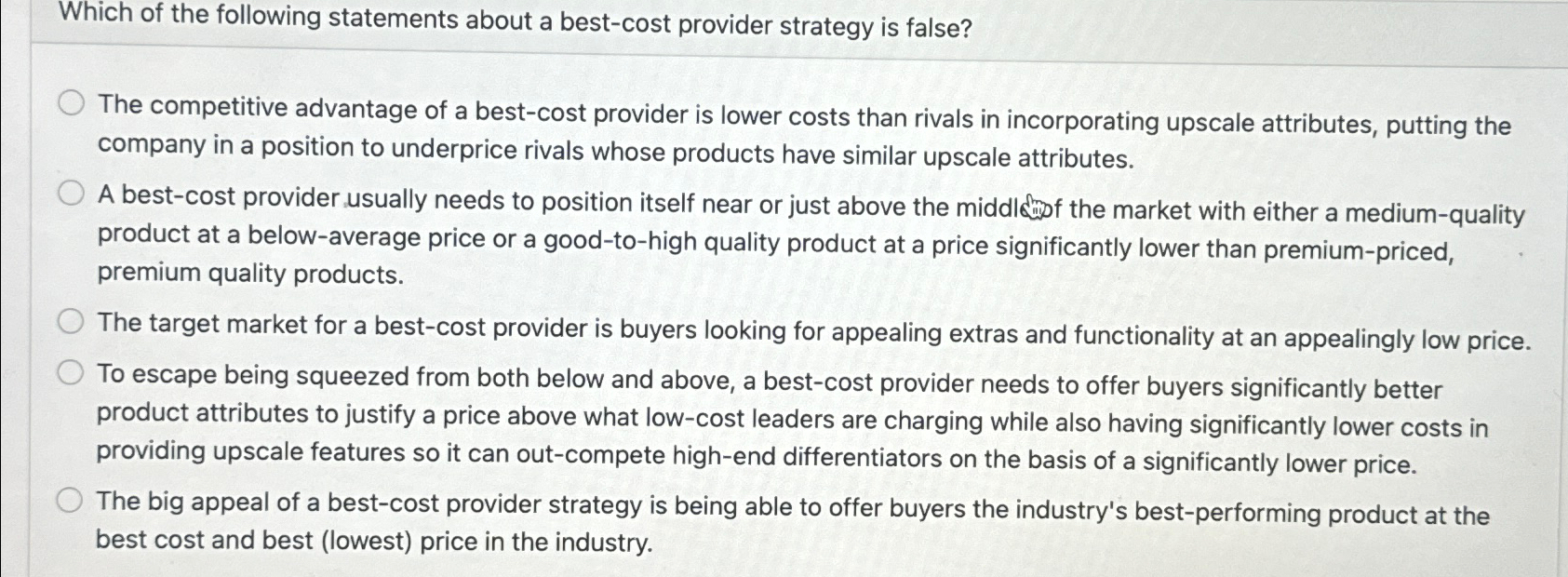 Solved Which of the following statements about a best-cost | Chegg.com