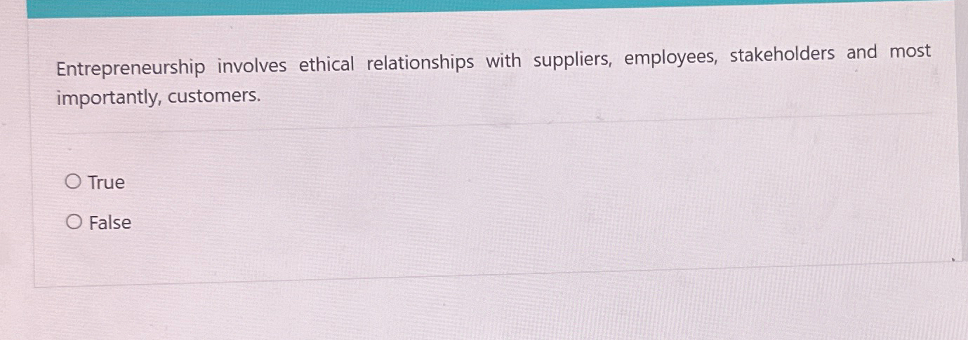 Solved Entrepreneurship involves ethical relationships with | Chegg.com