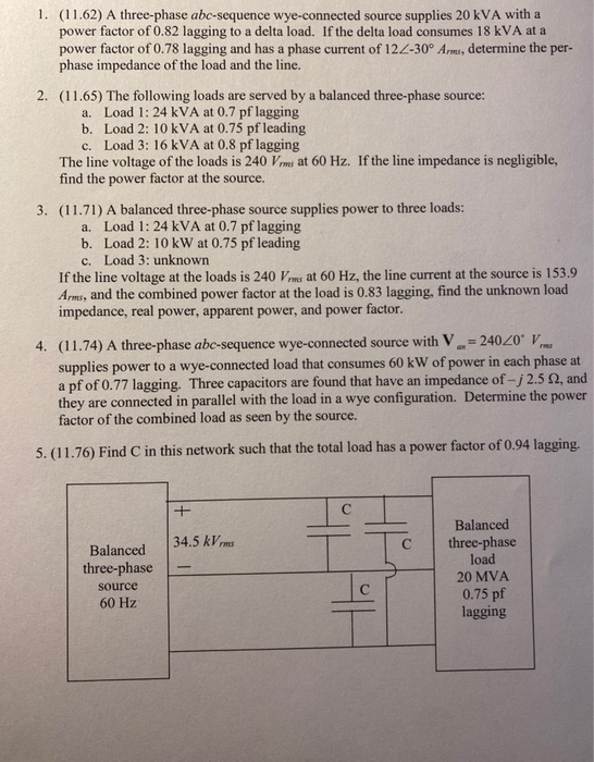 Solved 1. (11.62) A three-phase abc-sequence wye-connected | Chegg.com