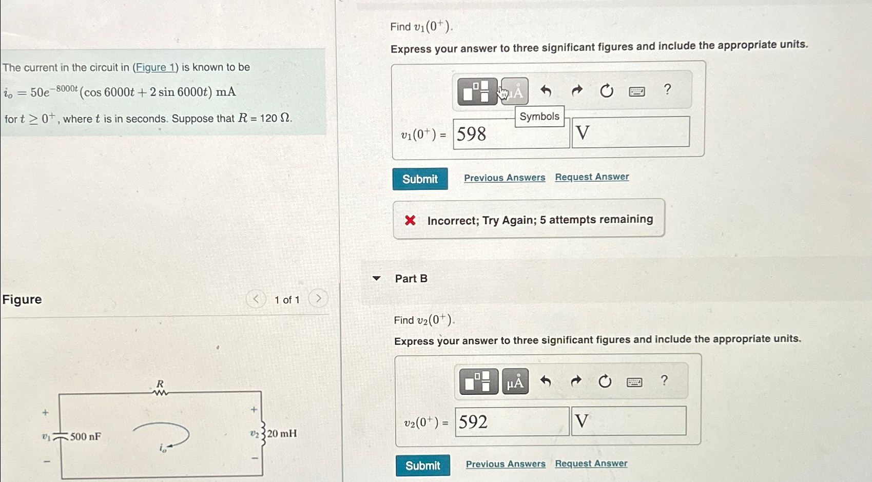 Solved Find v1(0+).Express your answer to three significant | Chegg.com