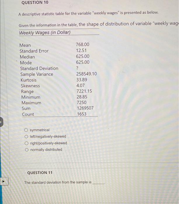 Solved QUESTION 10 A descriptive statistic table for the | Chegg.com