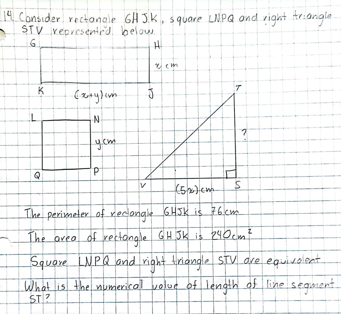Solved 14. Consider rectangle GHJ.K, square LNPQ and right | Chegg.com