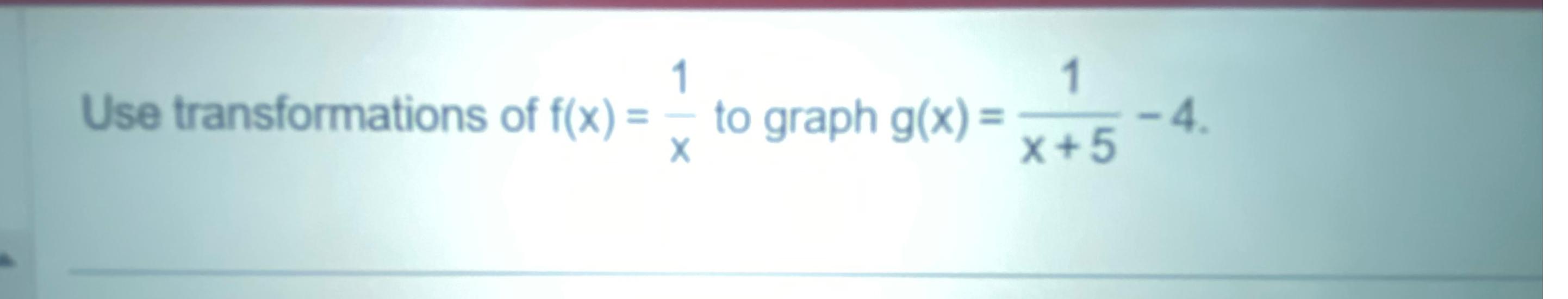 Solved Use transformations of f(x)=1x ﻿to graph g(x)=1x+5-4. | Chegg.com