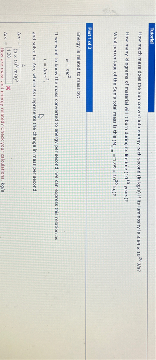 TutorialHow much mass does the Sun convert into | Chegg.com