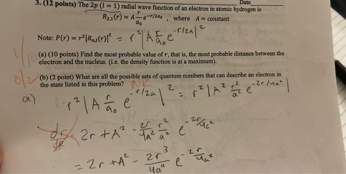 Solved 3 12 Points The 2p L 1 Radial Wave Function Of An