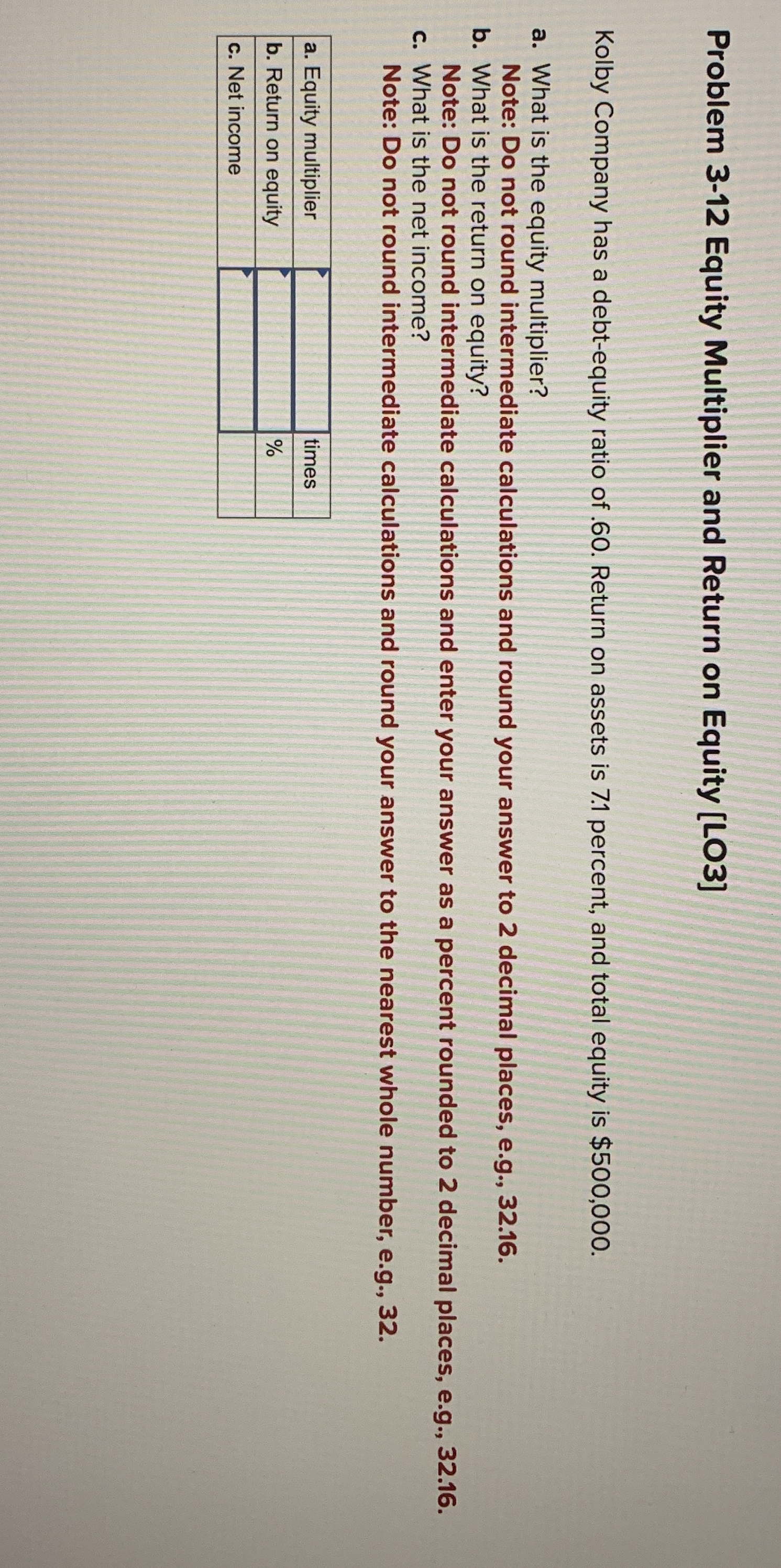 Solved Problem 3-12 ﻿Equity Multiplier and Return on Equity | Chegg.com