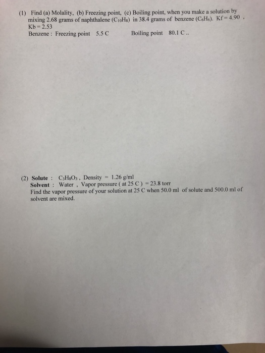 Solved (1) Find (a) Molality, (b) Freezing point, (c) | Chegg.com