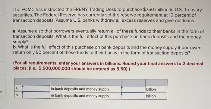 Solved The FOMC has instructed the FRBNY Trading Desk to | Chegg.com