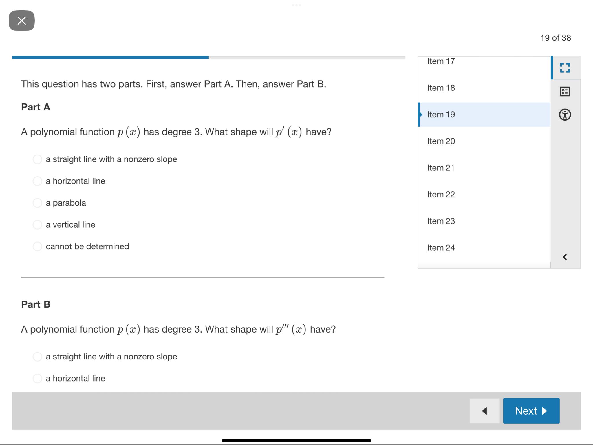 Solved 19 ﻿of 38This question has two parts. First, answer | Chegg.com