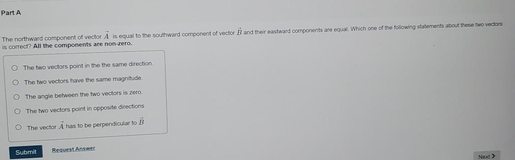 Solved Part A The northward component of vector A is equal | Chegg.com
