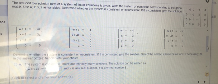Solved The reduced row echelon form of a system of linear | Chegg.com