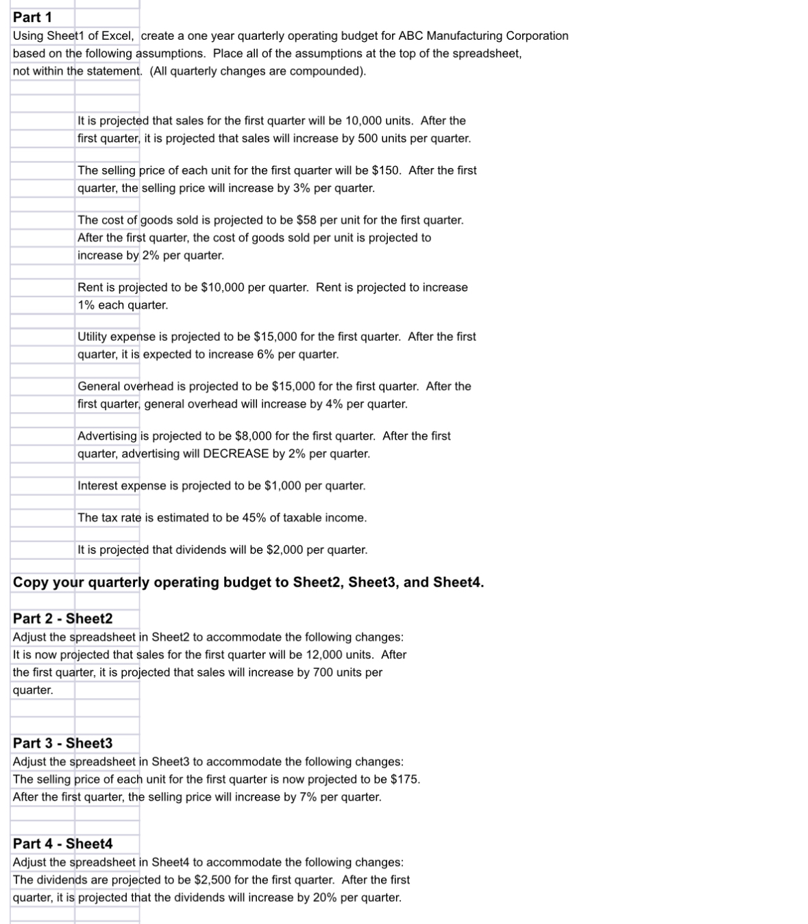 Solved Part 1Using Sheet1 ﻿of Excel, create a one year | Chegg.com