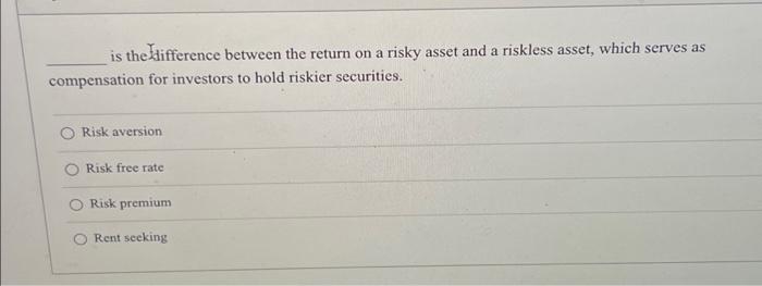 Solved is the difference between the return on a risky asset | Chegg.com