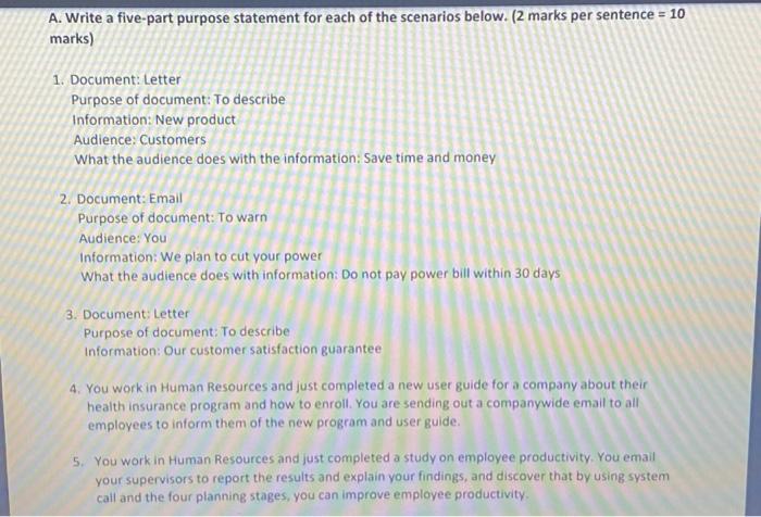 A. Write a five-part purpose statement for each of | Chegg.com