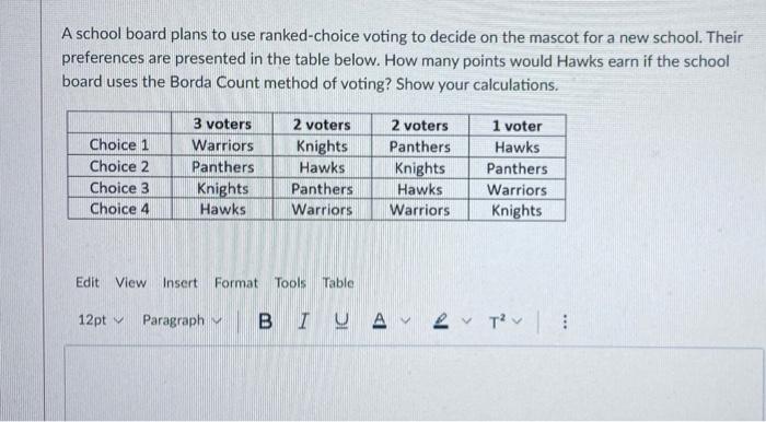Solved A school board plans to use ranked-choice voting to | Chegg.com