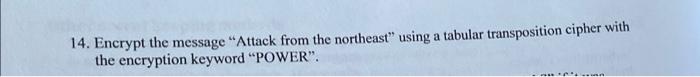 Solved 14. Encrypt the message "Attack from the northeast" | Chegg.com