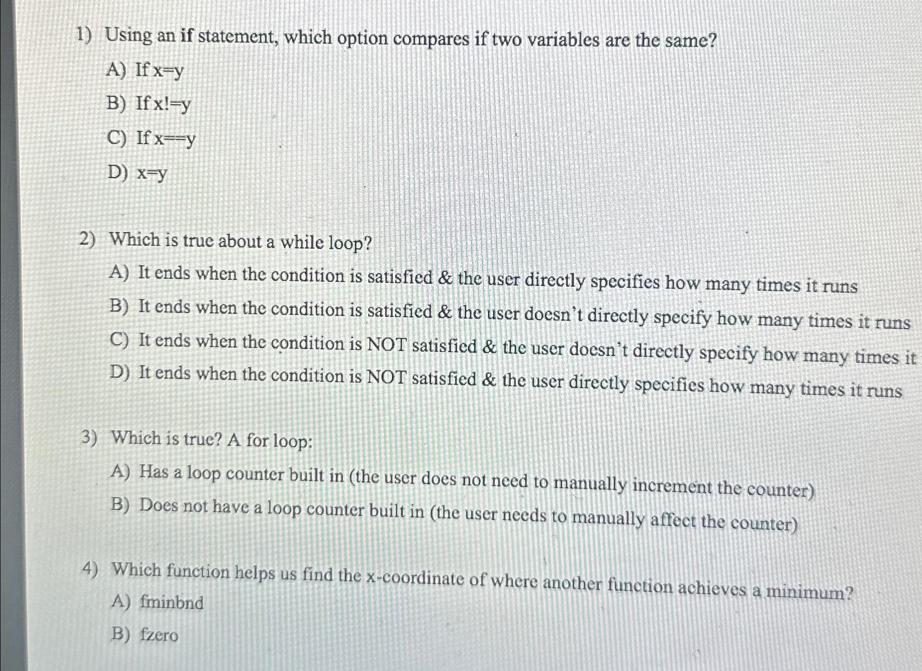 Solved Using an if statement, which option compares if two | Chegg.com