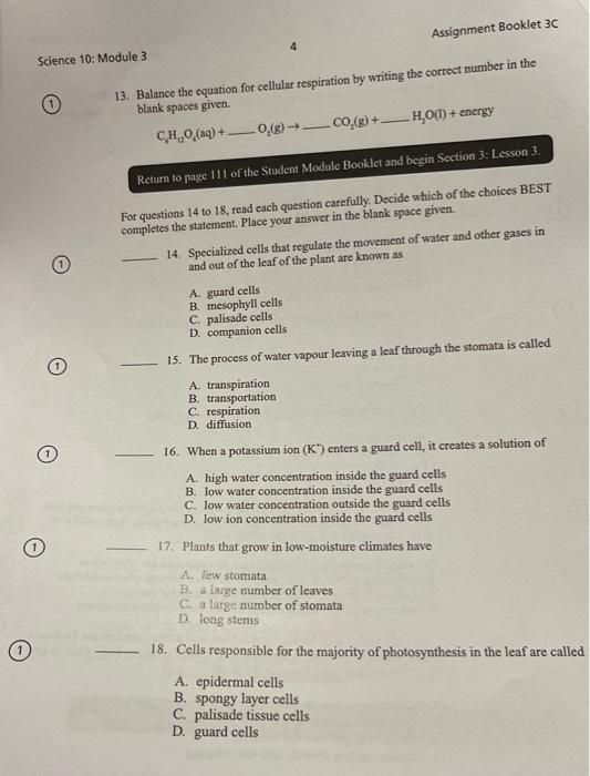 Solved 1 Science 10: Module 3 1 1 Assignment Booklet 3C 13. | Chegg.com