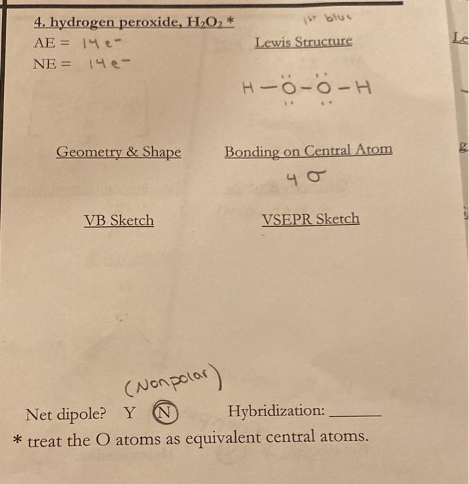 Solved 4. hydrogen peroxide, H2O2∗ AE=14e−NE=14e− Lewis | Chegg.com