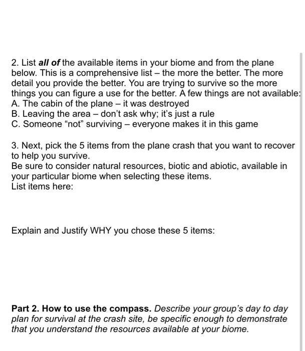 Biome Survival Activity Plane Crash Incident Report: | Chegg.com