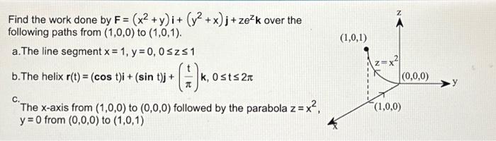 Solved Find the work done by F=(x2+y)i˙+(y2+x)j+zezk over | Chegg.com