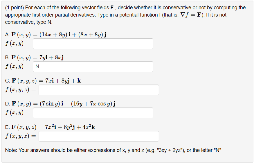 Solved (1 ﻿point) ﻿For each of the following vector fields | Chegg.com