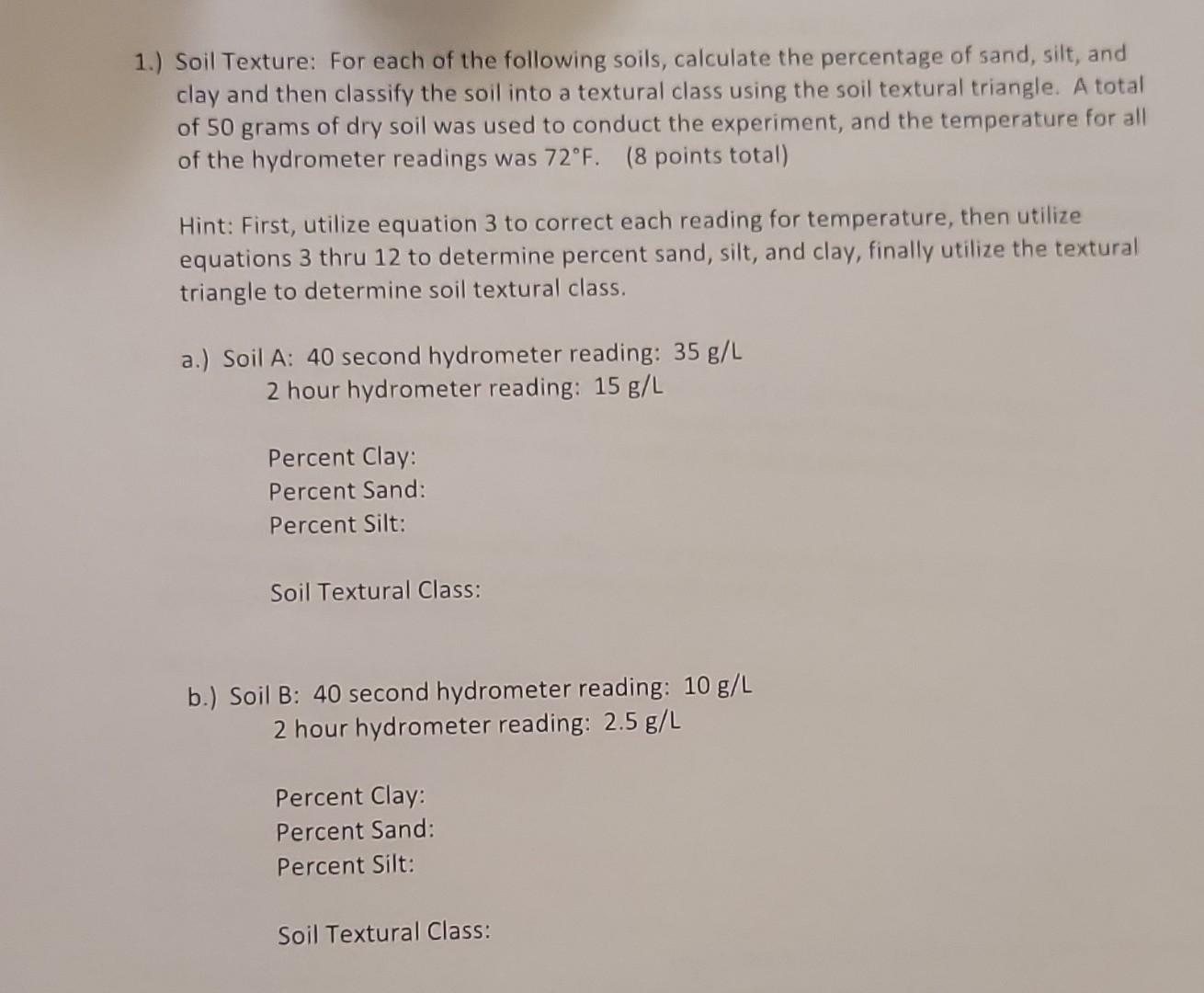 Solved 1.) Soil Texture: For each of the following soils, | Chegg.com