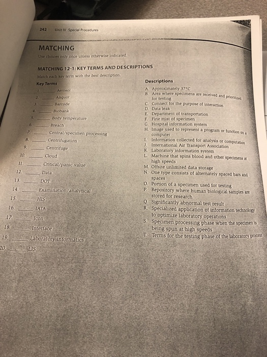 Solved 242 Unit IV Special Procedures MATCHING Use choices | Chegg.com