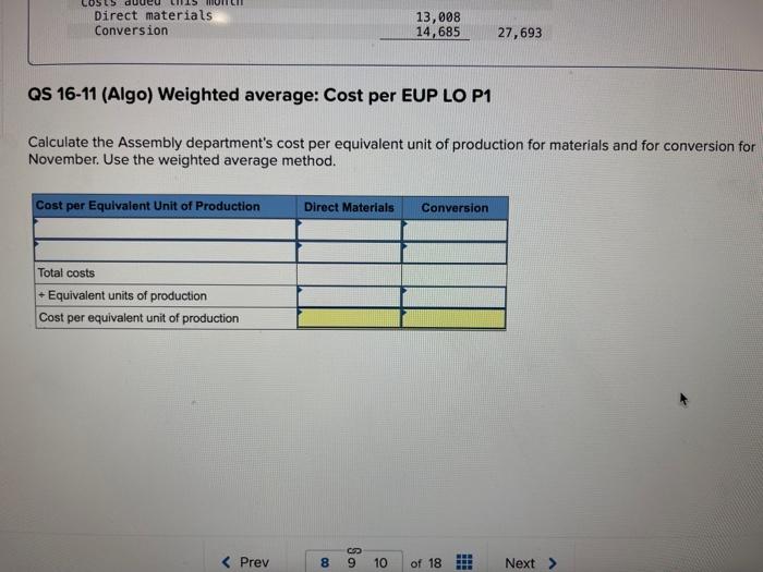 Solved QS 16-11 (Algo) Weighted average: Cost per EUP | Chegg.com