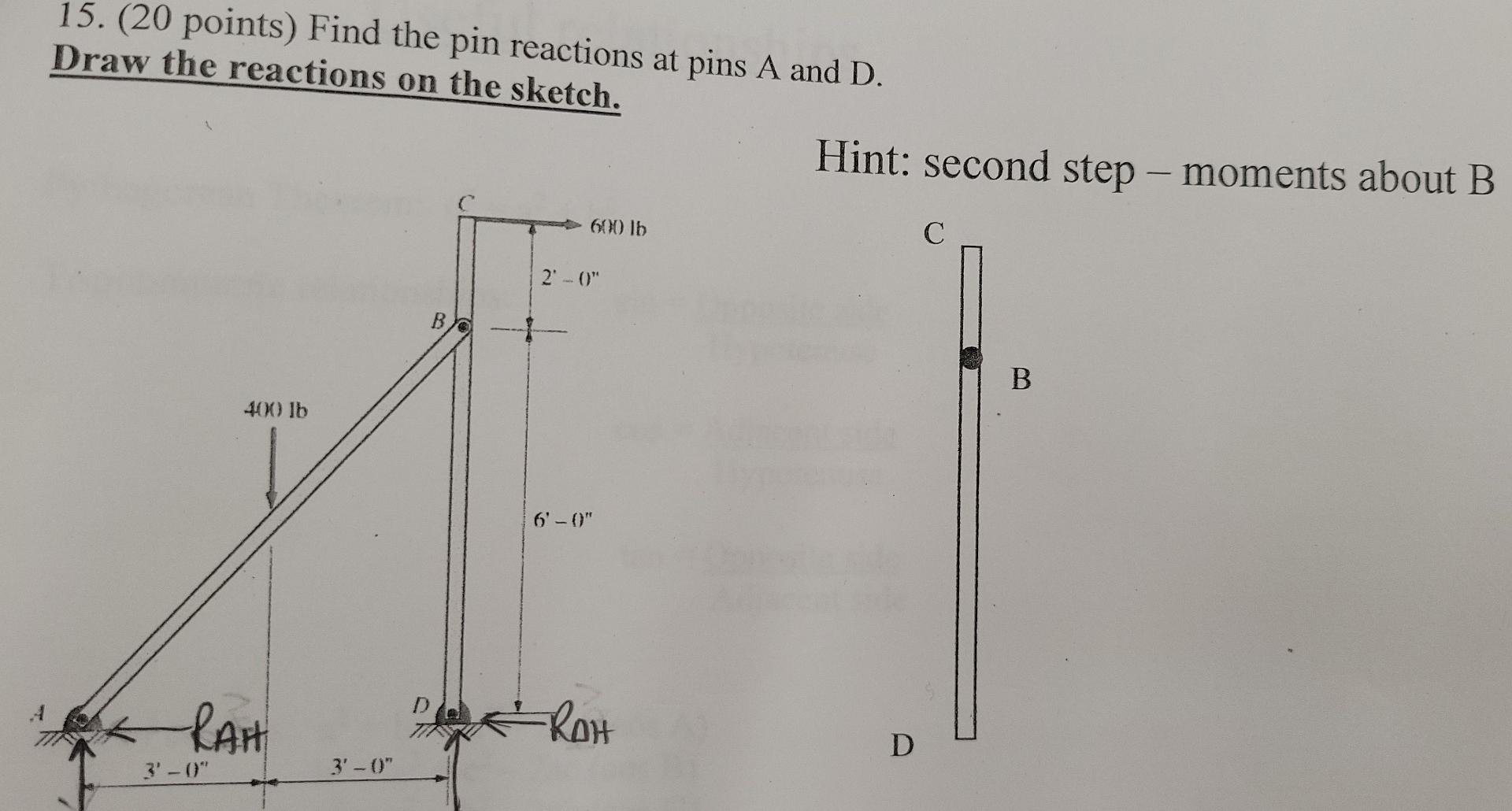 Solved 15. (20 points) Find the pin reactions at pins A and | Chegg.com