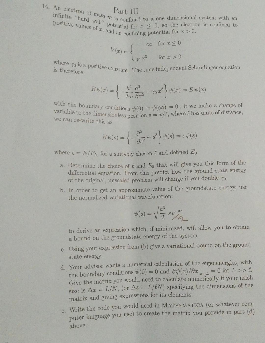 Solved Part III 14. An electron of mass m is confined to a | Chegg.com