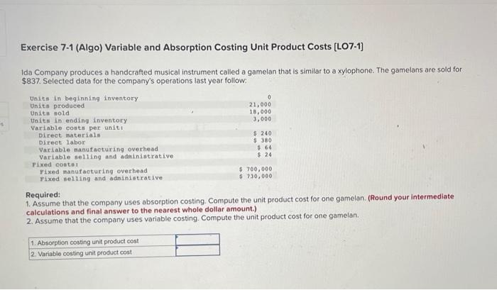 Solved Exercise 7-1 (Algo) Variable and Absorption Costing | Chegg.com