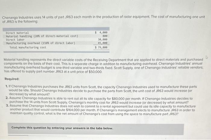 Solved Chenango Industries uses 14 units of part JR63 each | Chegg.com