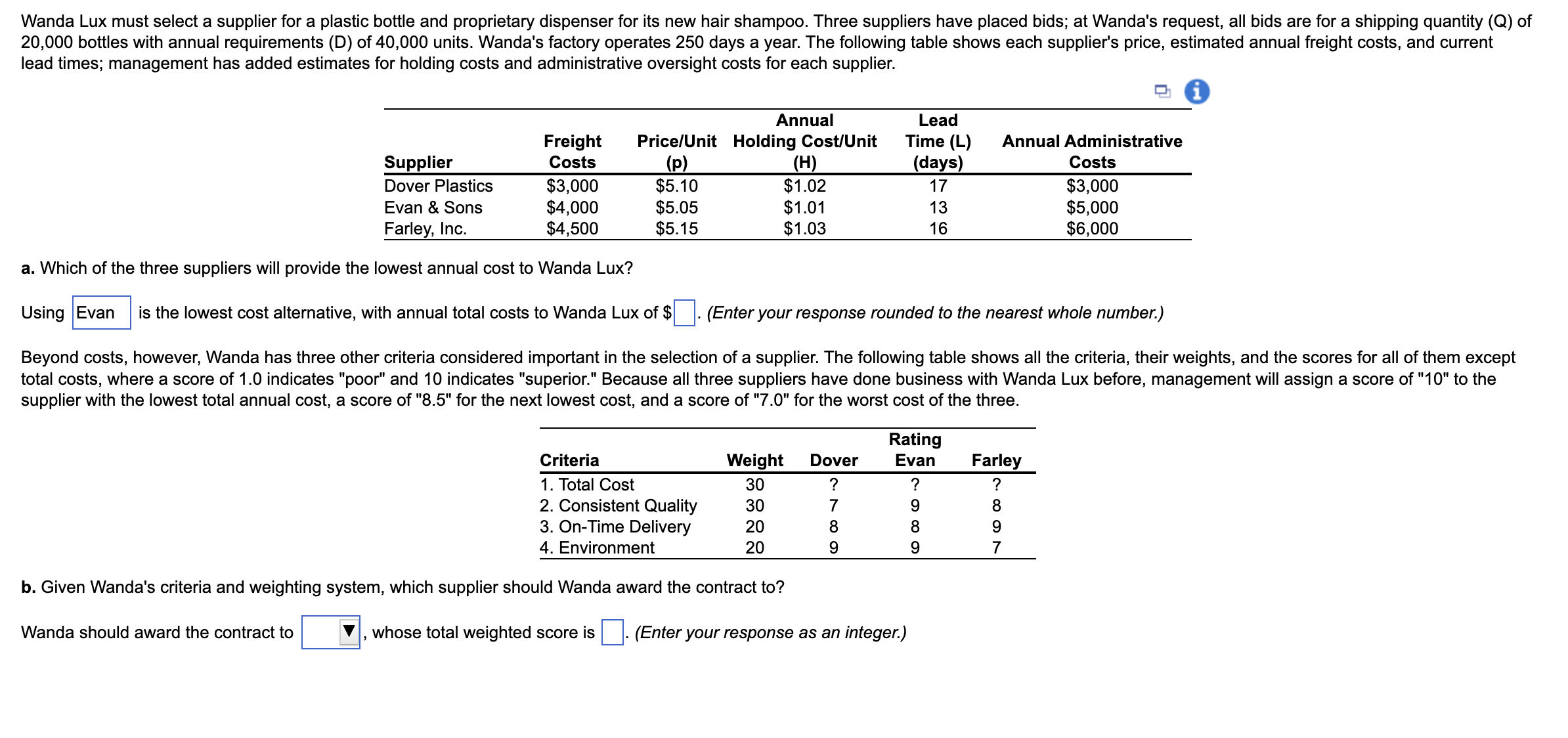Solved Wanda Lux must select a supplier for a plastic bottle | Chegg.com