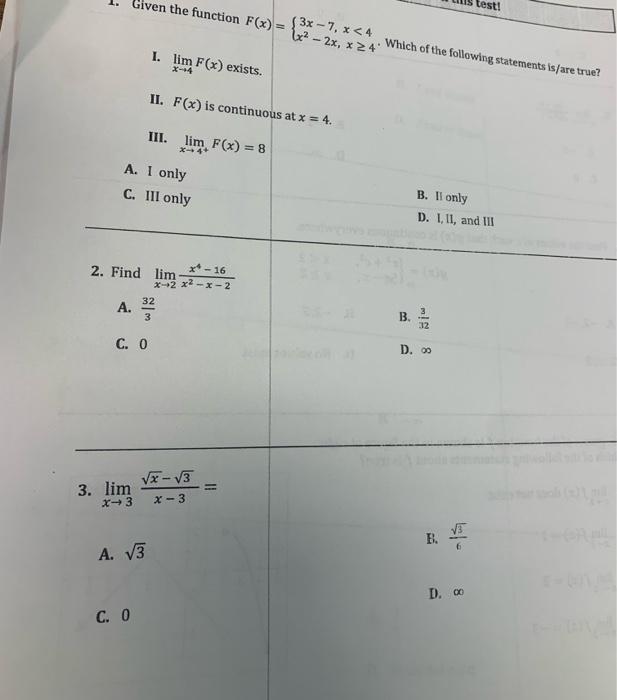 Solved 1. Given the function F(x)={3x−7,x