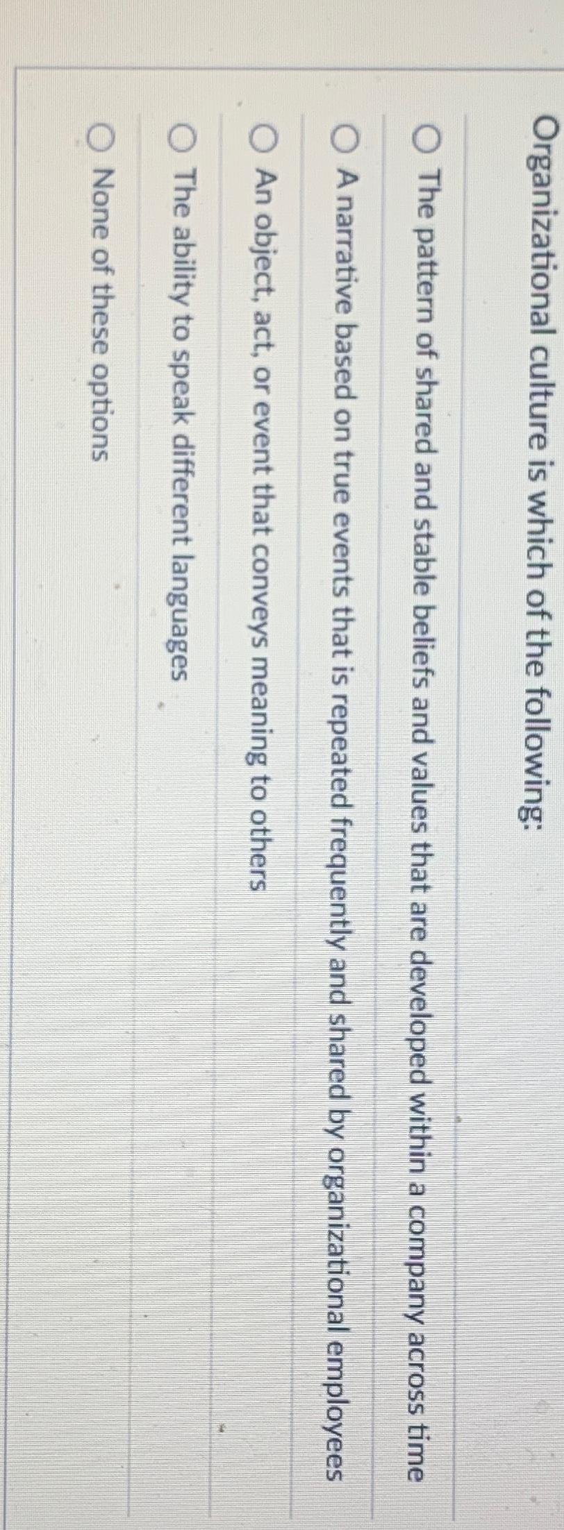 Solved Organizational culture is which of the following:The | Chegg.com