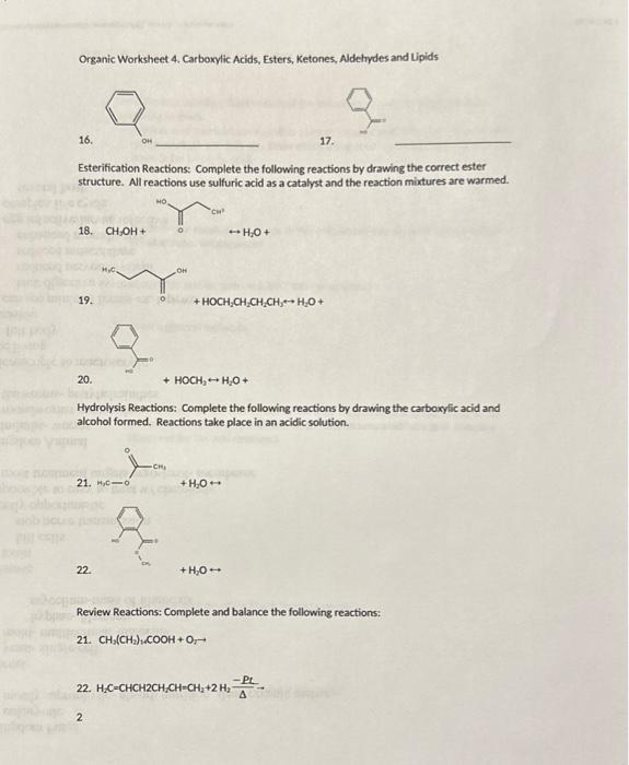 Organic Worksheet 4. Carboxylic Acids, Esters, | Chegg.com