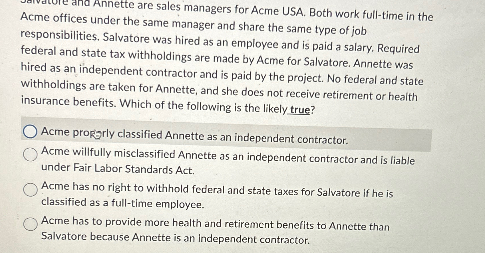 Solved Annette are sales managers for Acme USA. Both work | Chegg.com