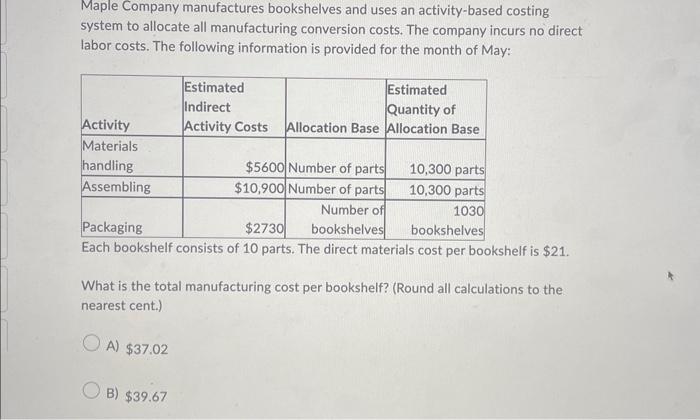 Solved Maple Company manufactures bookshelves and uses an | Chegg.com