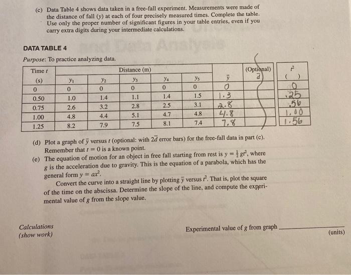 Solved (c) Data Table 4 shows data taken in a free-fall | Chegg.com