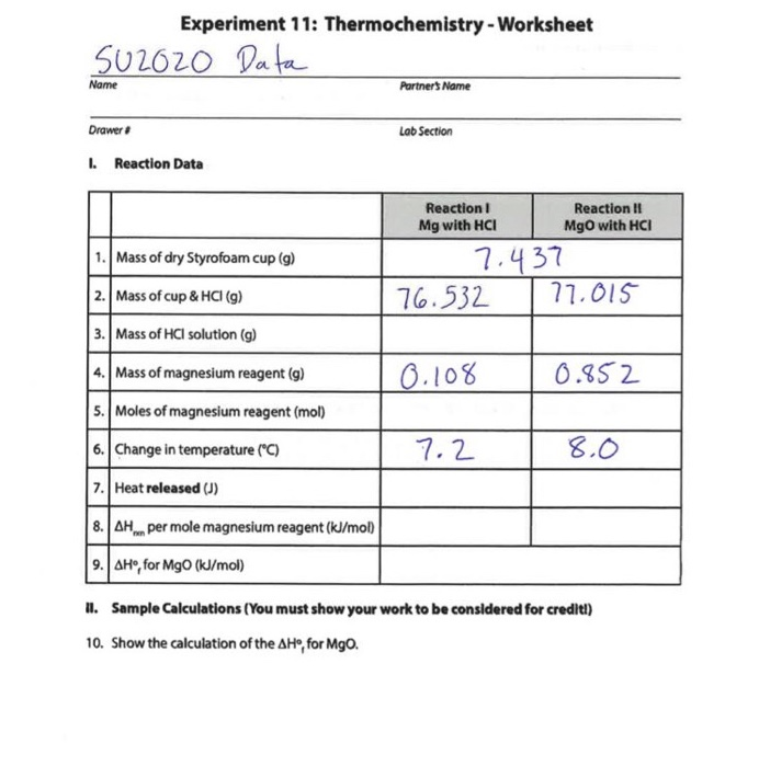 Solved Experiment 11: Thermochemistry - Worksheet SU2020 | Chegg.com