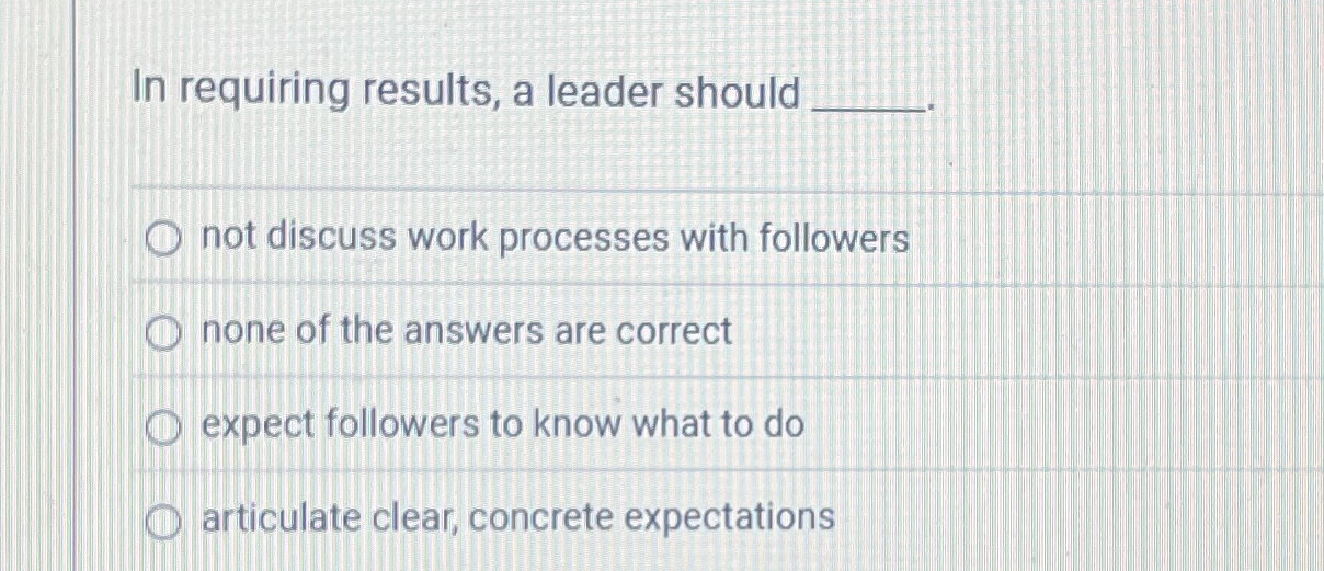 Solved In requiring results, a leader shouldnot discuss work | Chegg.com