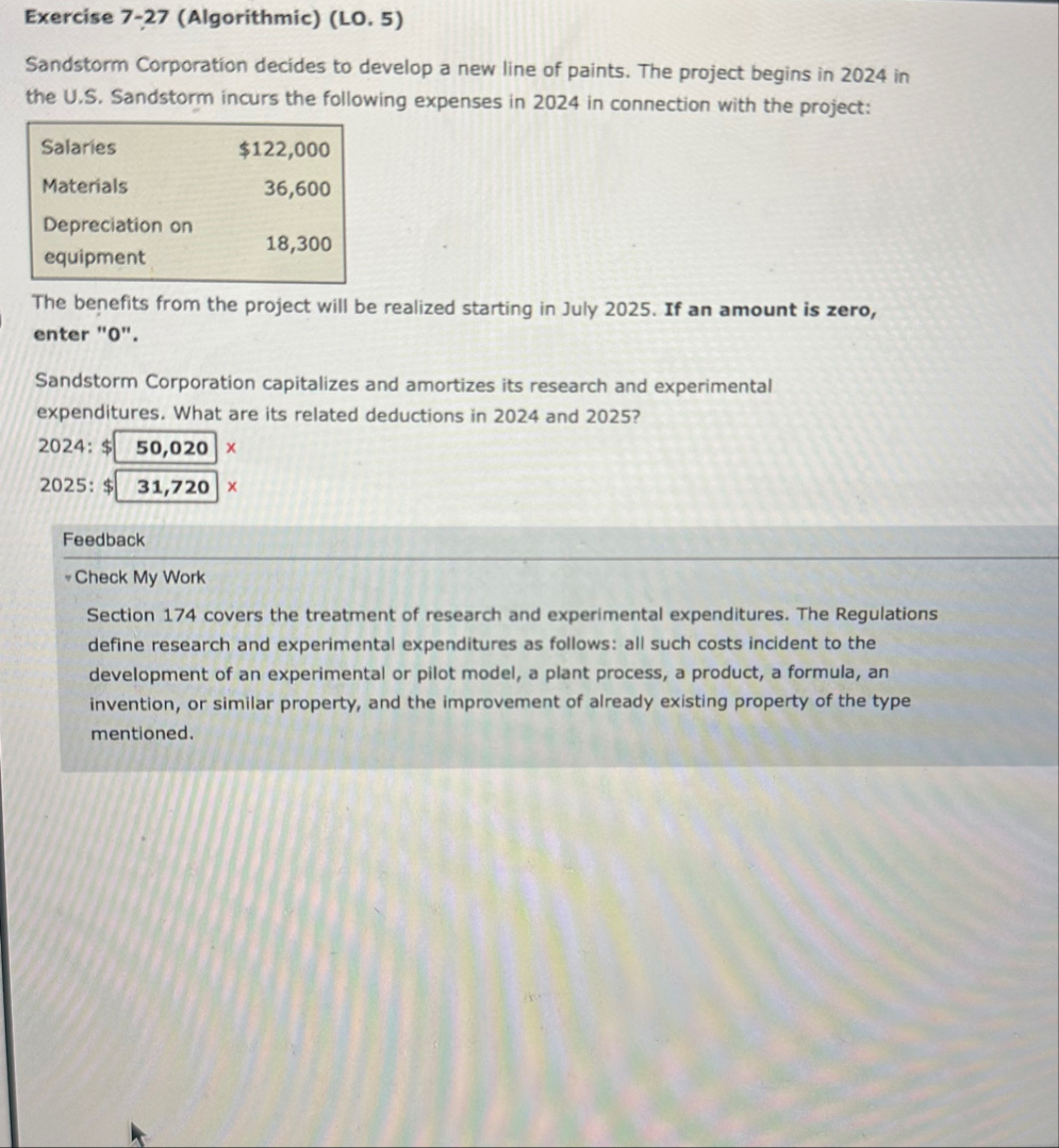 Solved Exercise 7-27 (Algorithmic) (LO. 5)Sandstorm | Chegg.com