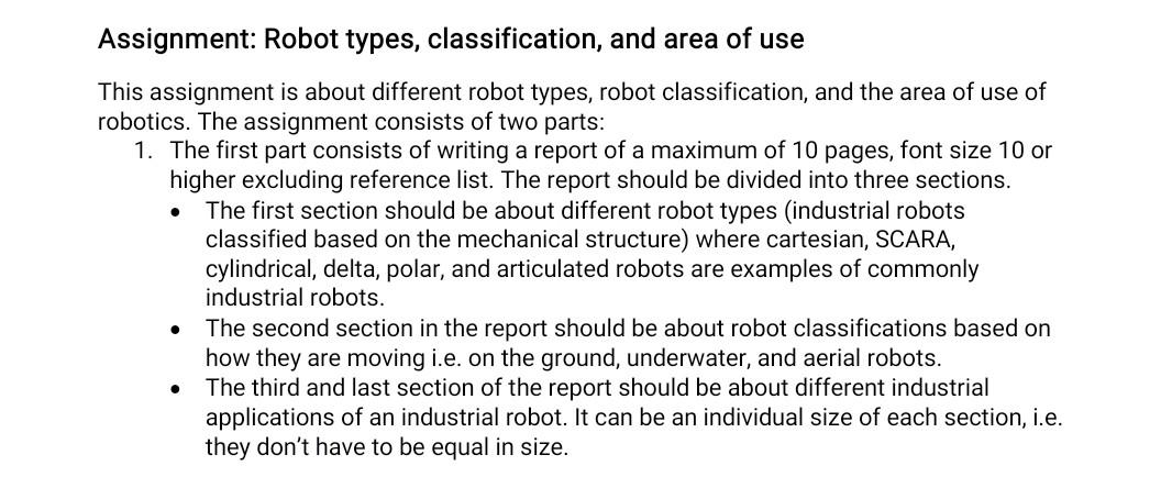 Solved Assignment: Robot types, classification, and area of | Chegg.com