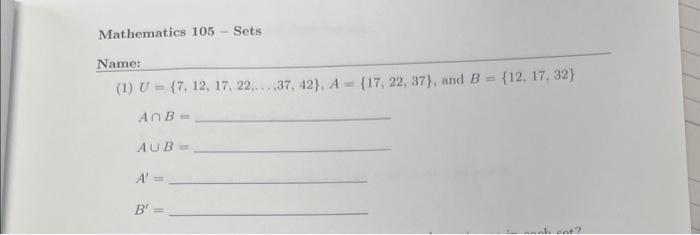 Solved Mathematics 105− Sets Name: (1) | Chegg.com