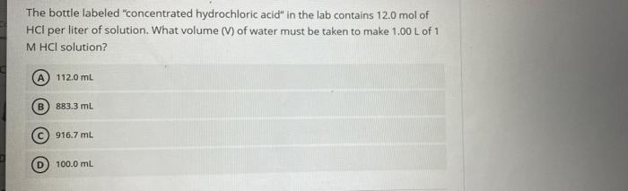Solved The bottle labeled "concentrated hydrochloric acid" | Chegg.com